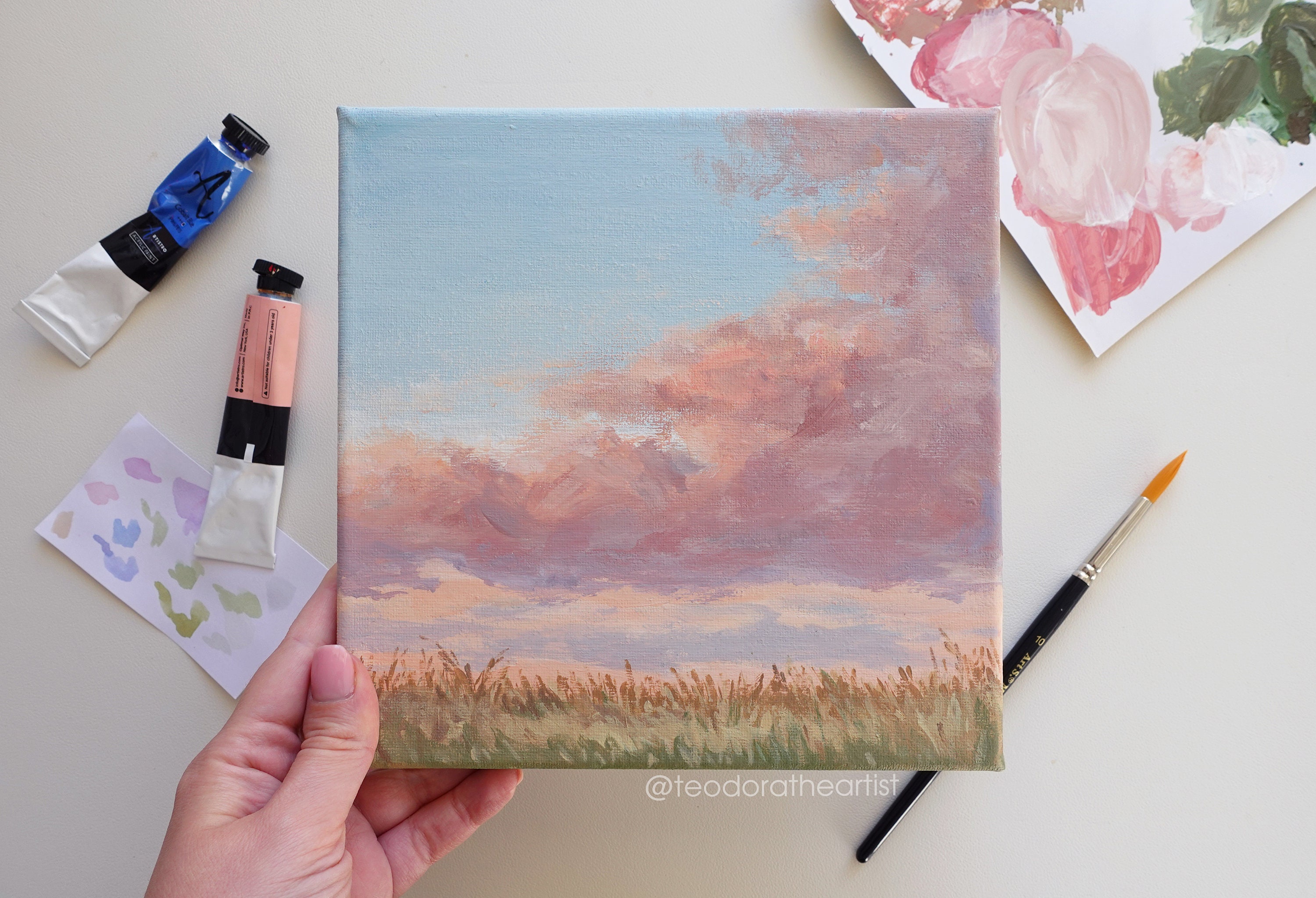 Original Landscape Painting on Small Canvas Pink Clouds Wall Art Aesthetic Decor Acrylic Painting 8x8in Etsy