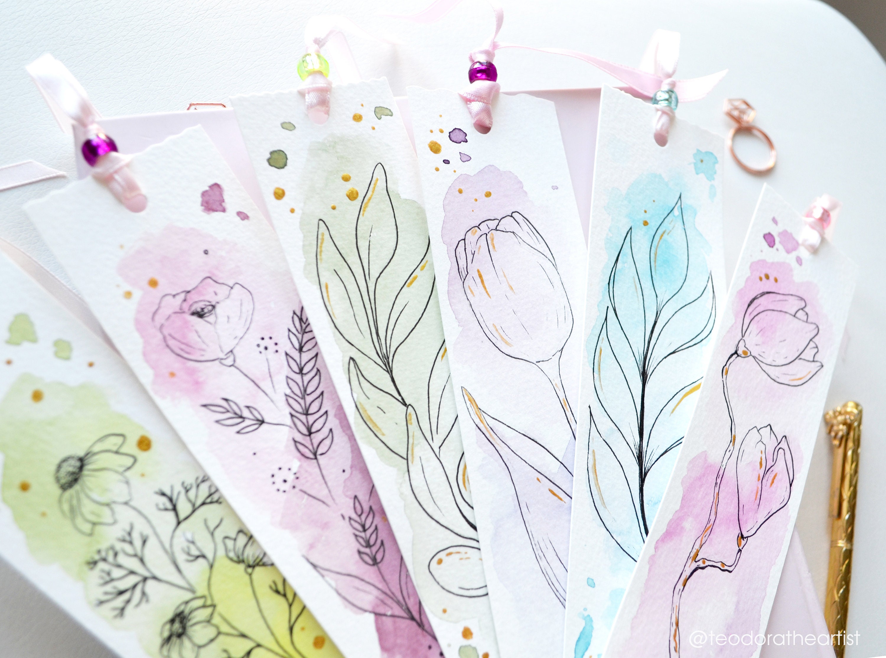 Floral Handmade Watercolor Bookmarks With Botanical Line Art, Book ...