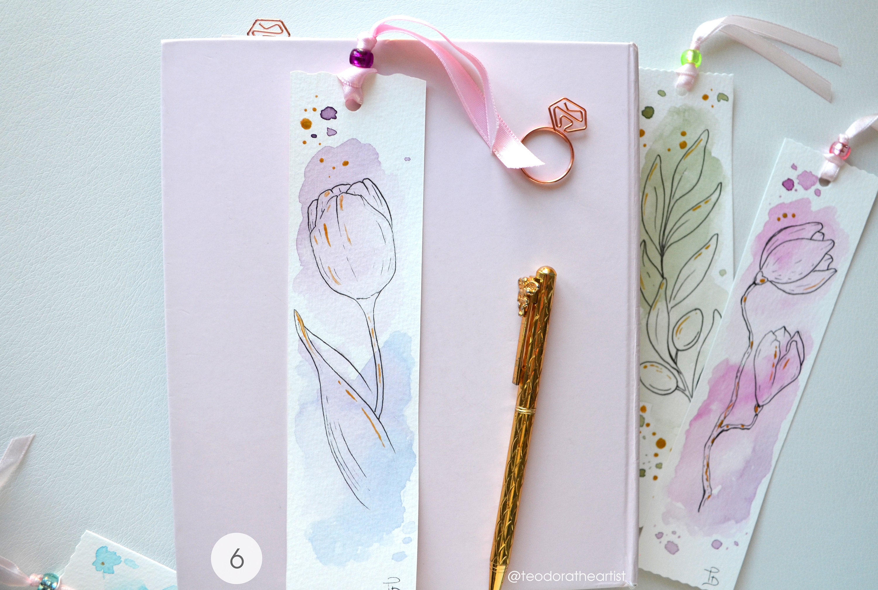 Floral Handmade Watercolor Bookmarks With Botanical Line Art, Book ...