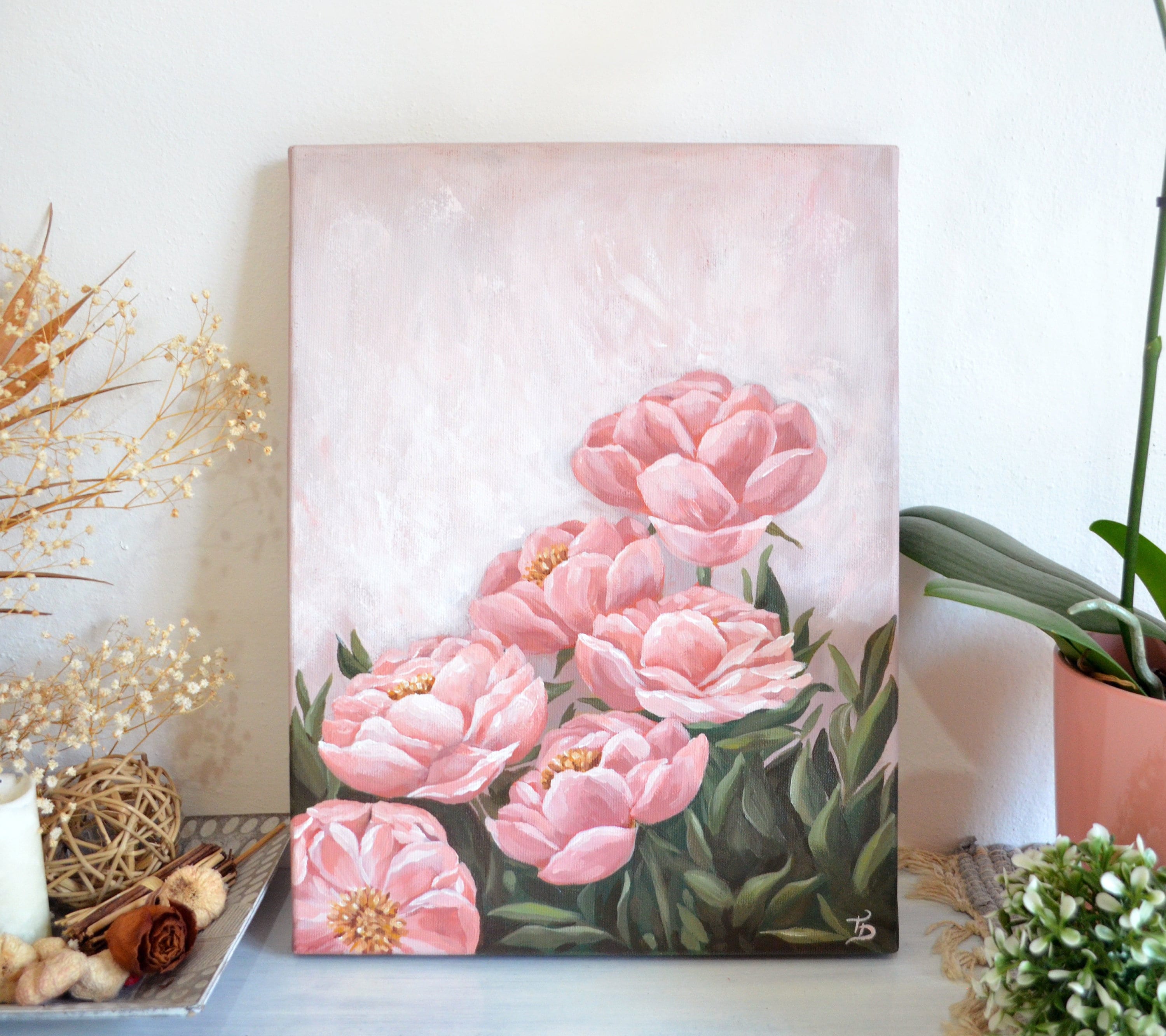 Home & Living Wall Décor Wall Hangings Peony painting original art Pink ...