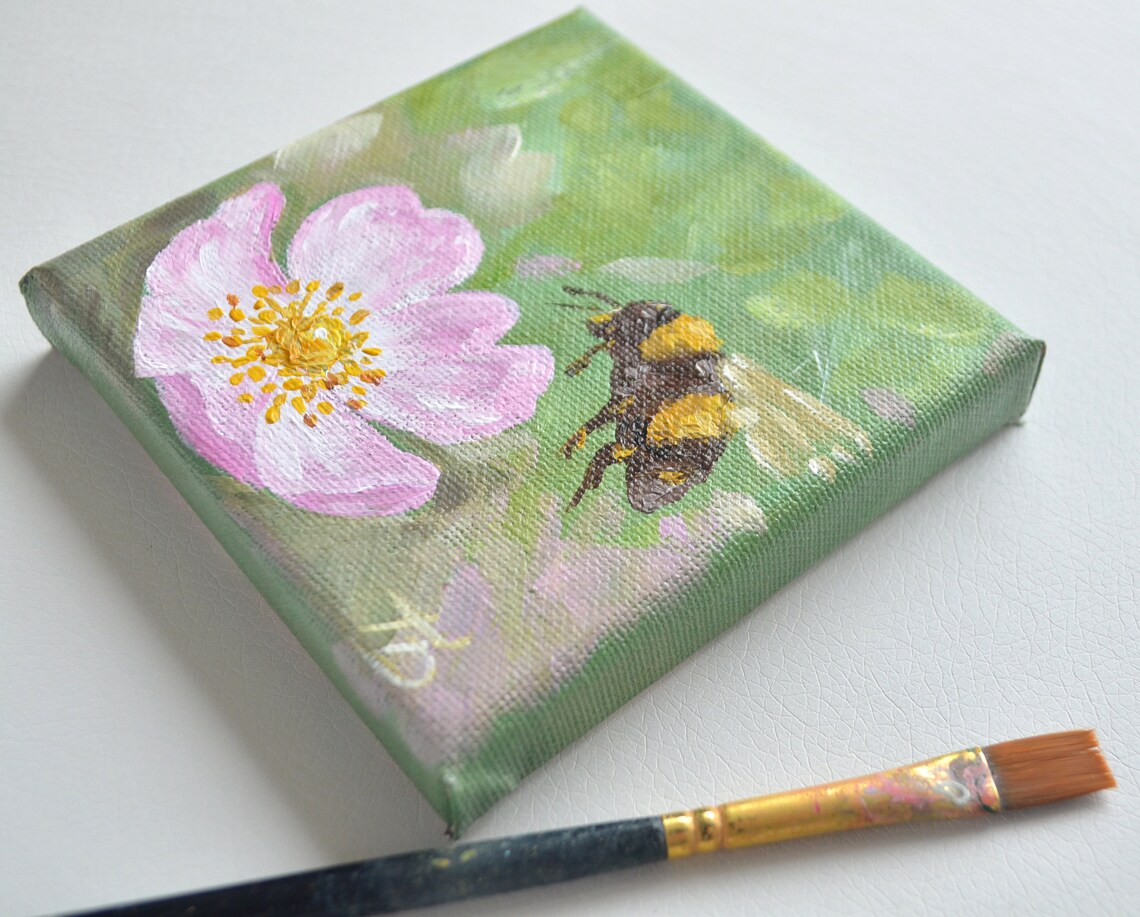 Mini Canvas Painting Bumble Bee and Wildflower Original - Etsy