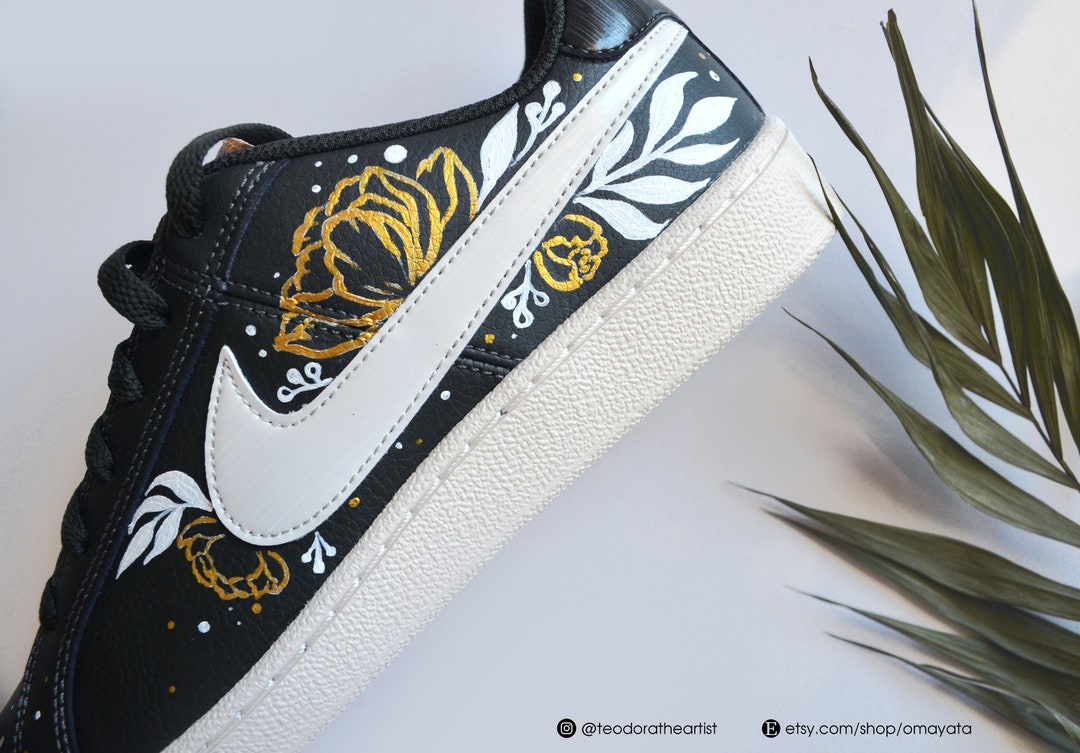 Painted Shoes - Nike Shoes - Hand Painted Gold Peonies - Aesthetic ...