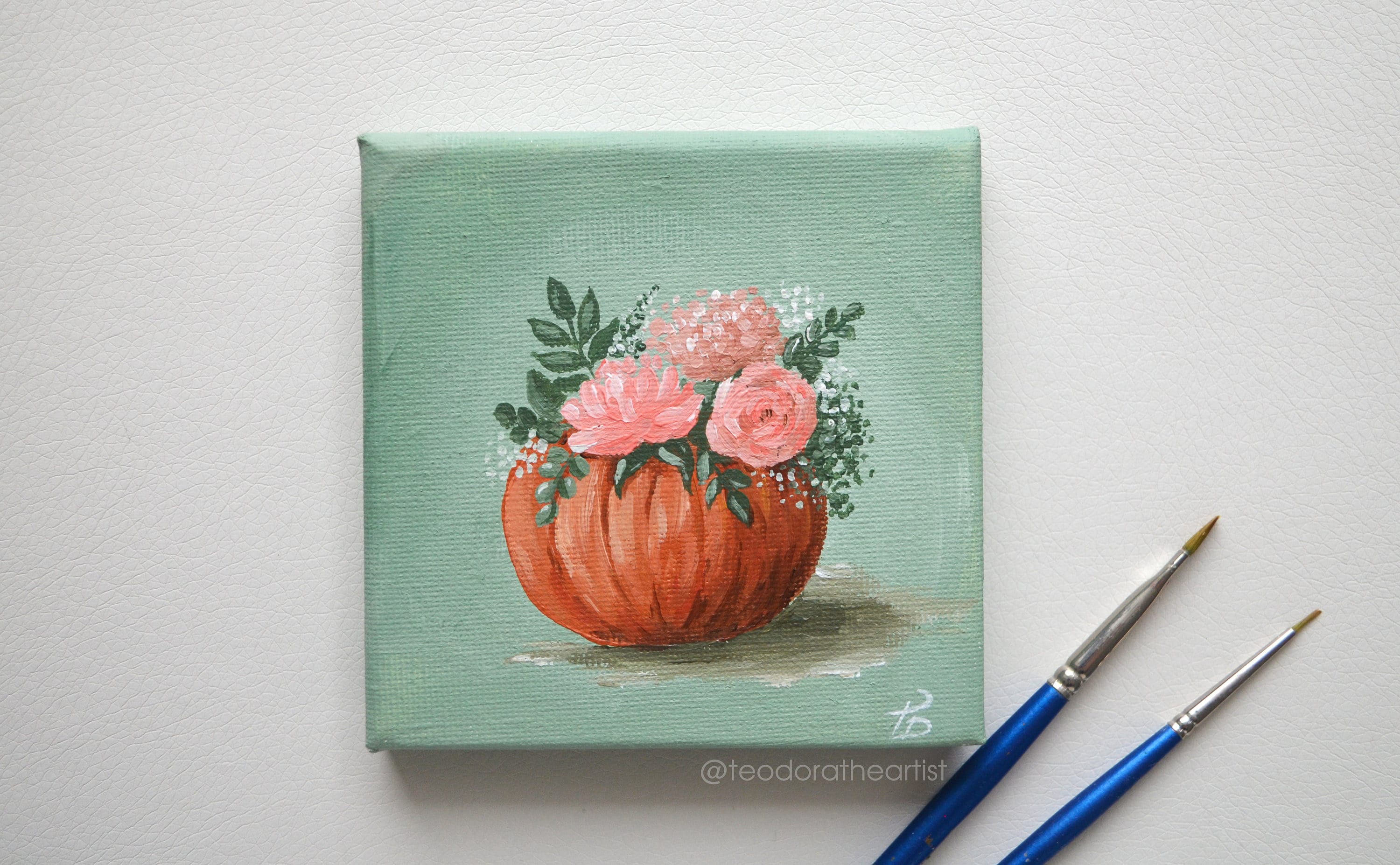Mini Canvas Painting Floral Thanksgiving Pumpkin Original Acrylic ...