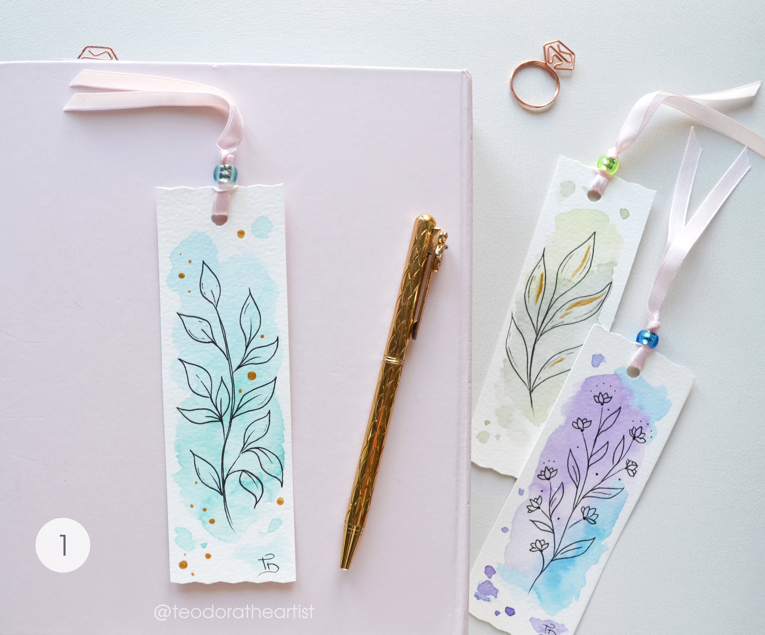 Handmade Watercolor Bookmarks With Botanical Line Art, Book Lover Gift ...