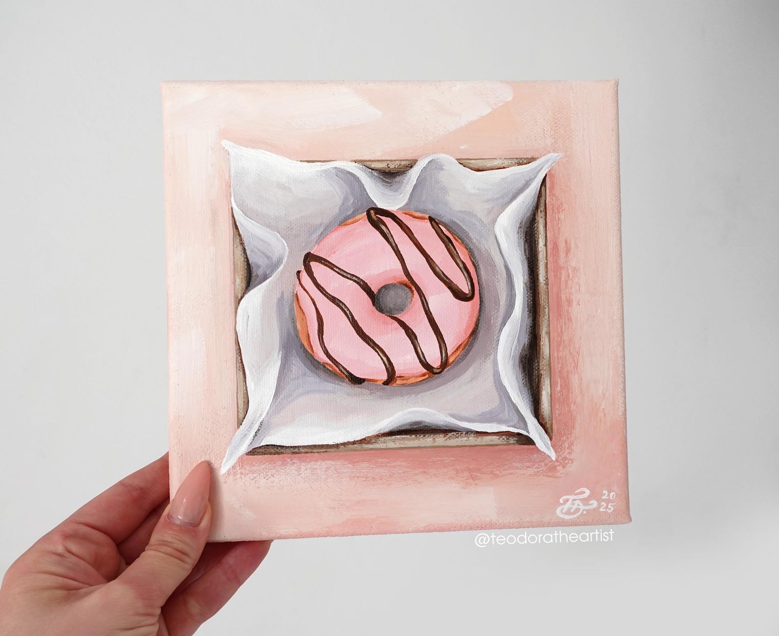 Original Pink Donut Painting on Small Canvas | Cute Kitchen Wall Art ...