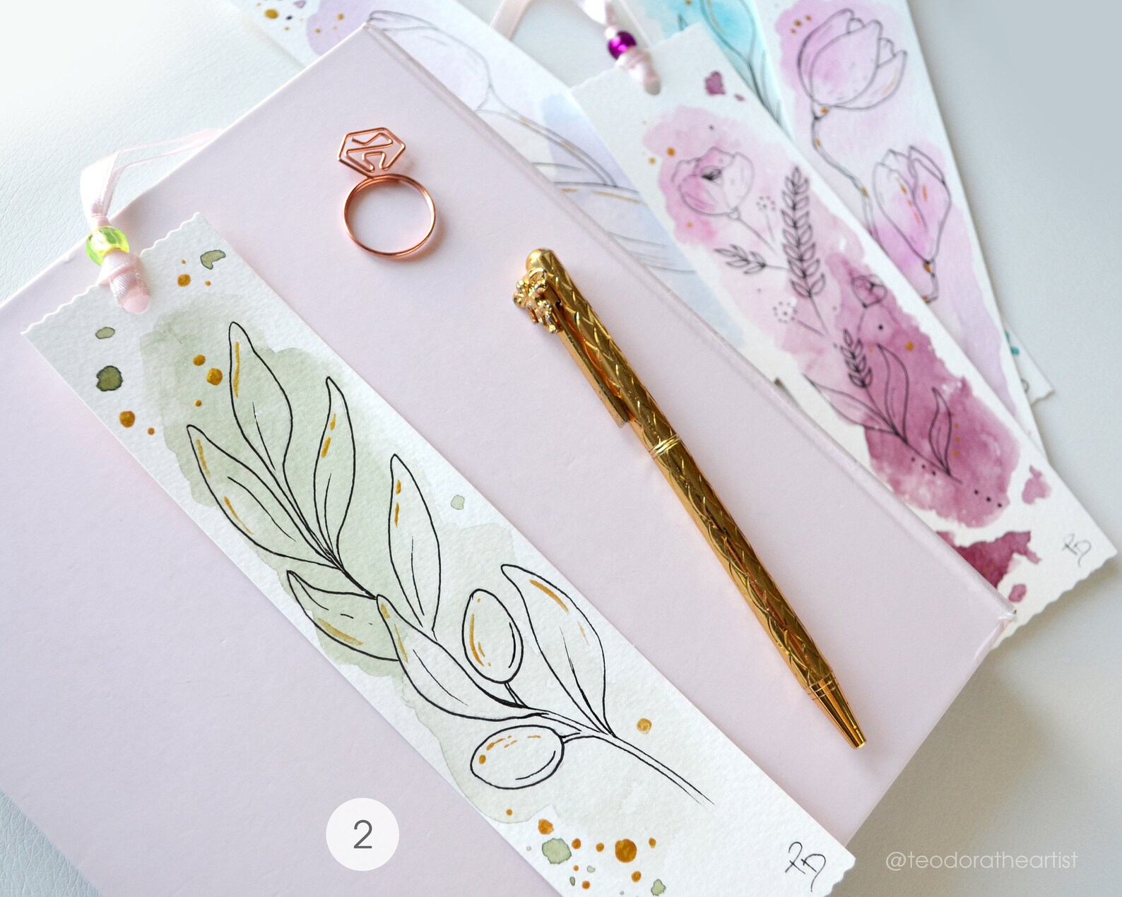 Floral Handmade Watercolor Bookmarks With Botanical Line Art, Book ...