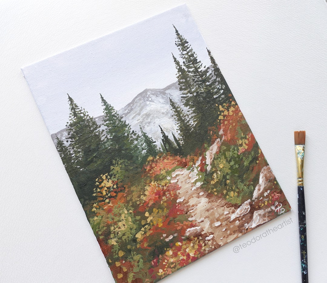 Acrylic Painting on Canvas Autumn Landscape Forest, Mountain & Pine ...