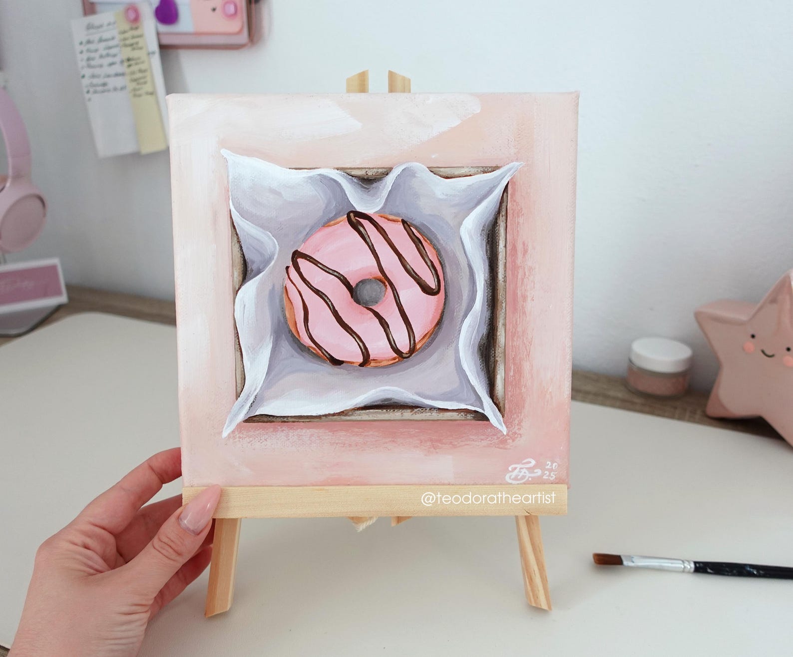 Original Pink Donut Painting on Small Canvas | Cute Kitchen Wall Art ...