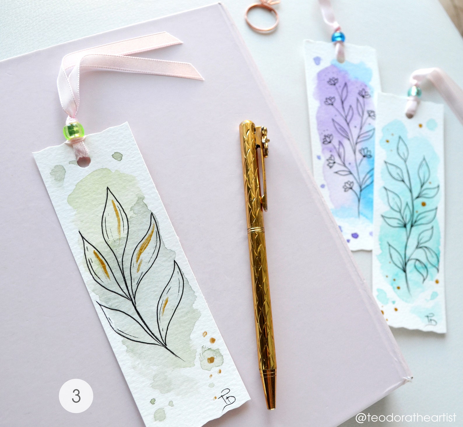 Handmade Watercolor Bookmarks With Botanical Line Art, Book Lover Gift ...
