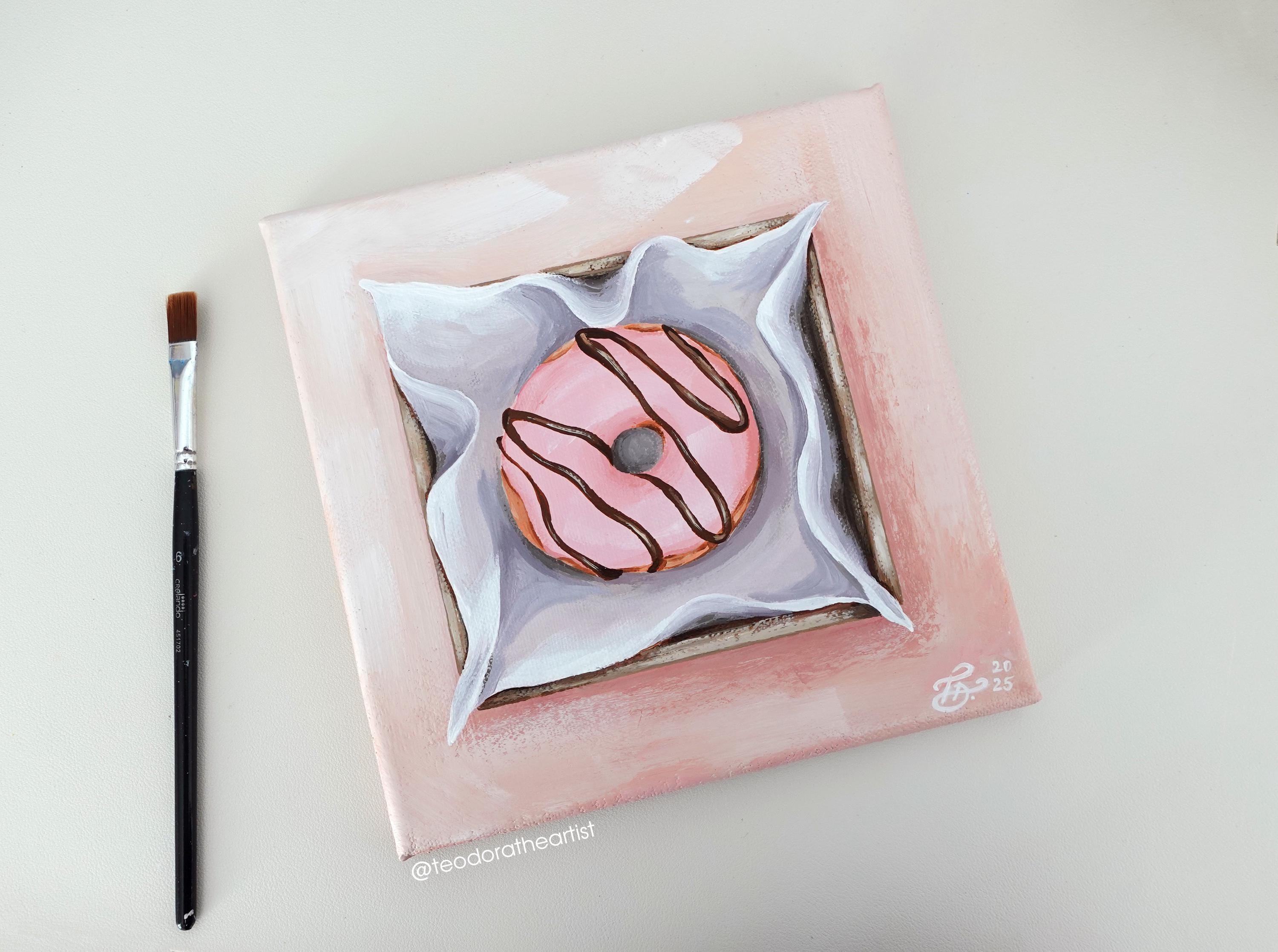 Original Pink Donut Painting on Small Canvas | Cute Kitchen Wall Art ...