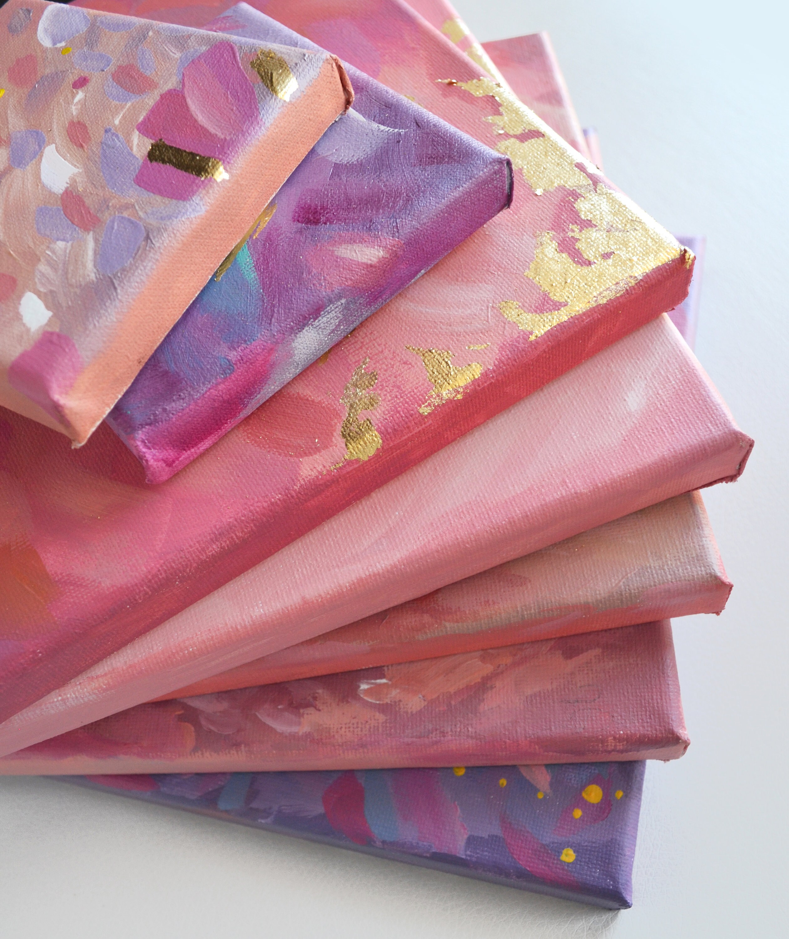 Mini Abstract Painting With Gold Leaf, Pink Desk Decor, Mini Canvas Art ...