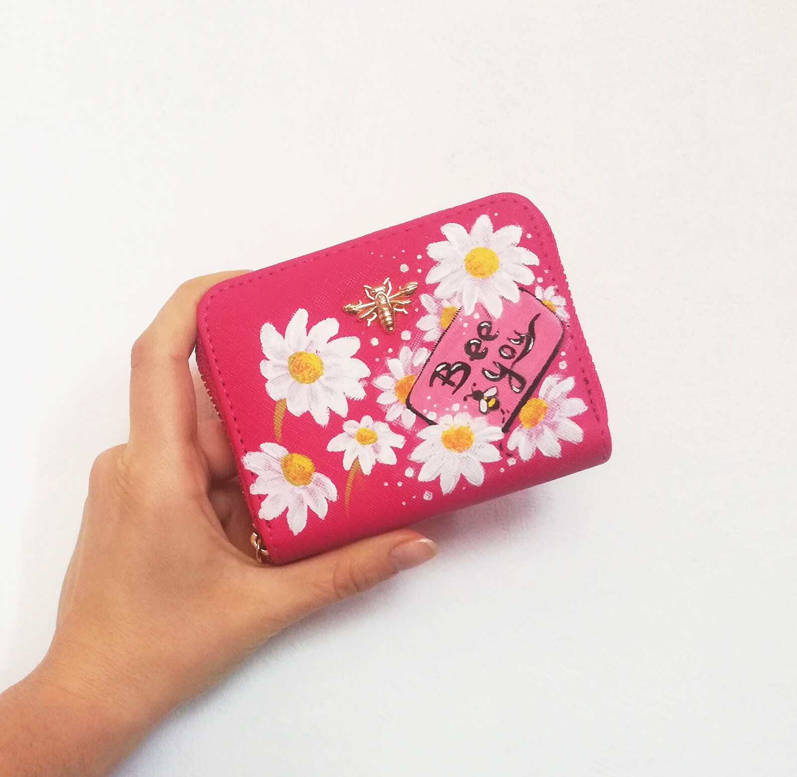 Hand Painted Hot Pink Womens Wallet original Art Daisy - Etsy