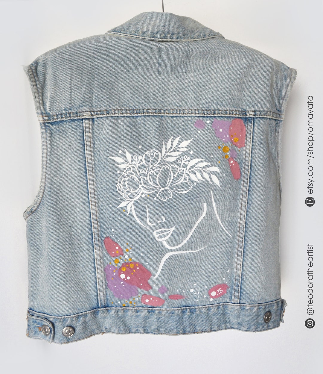 Hand Painted Denim Vest - Original Line Art of Woman Silhouette, Peony ...