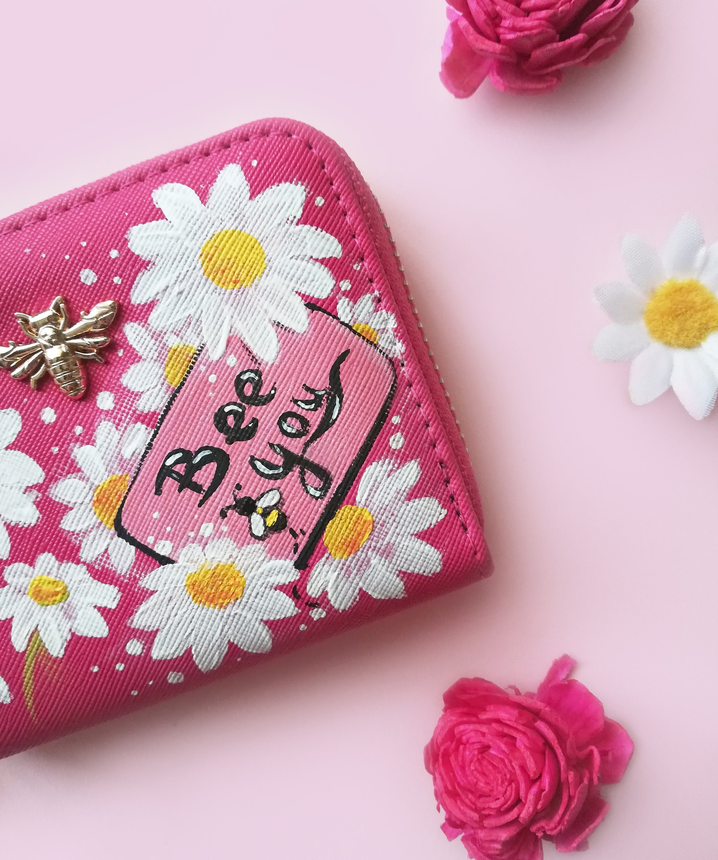 Hand Painted Hot Pink Womens Wallet -original Art - Daisy Flowers and ...