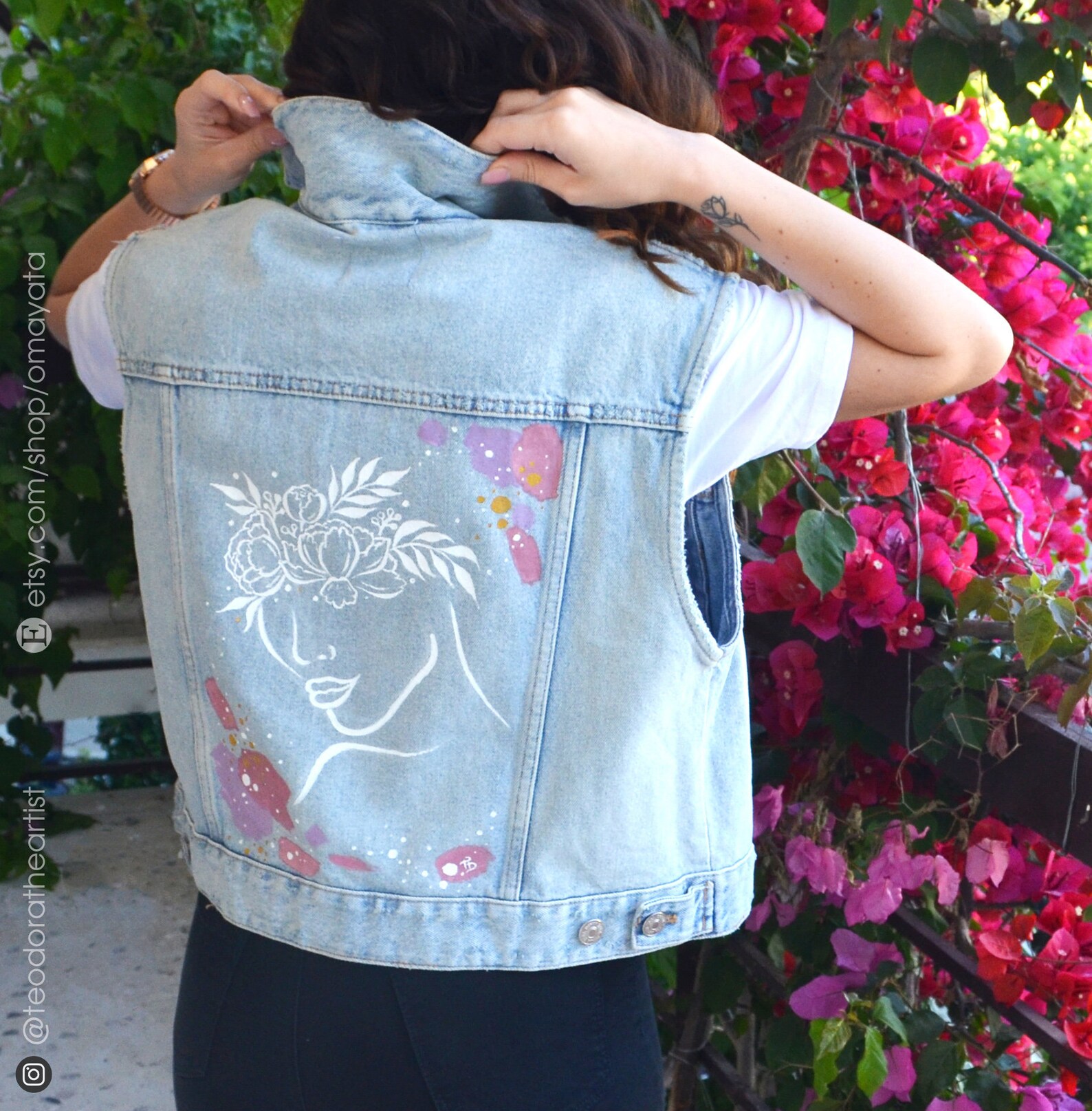 Hand Painted Denim Vest Original Line Art of Woman - Etsy