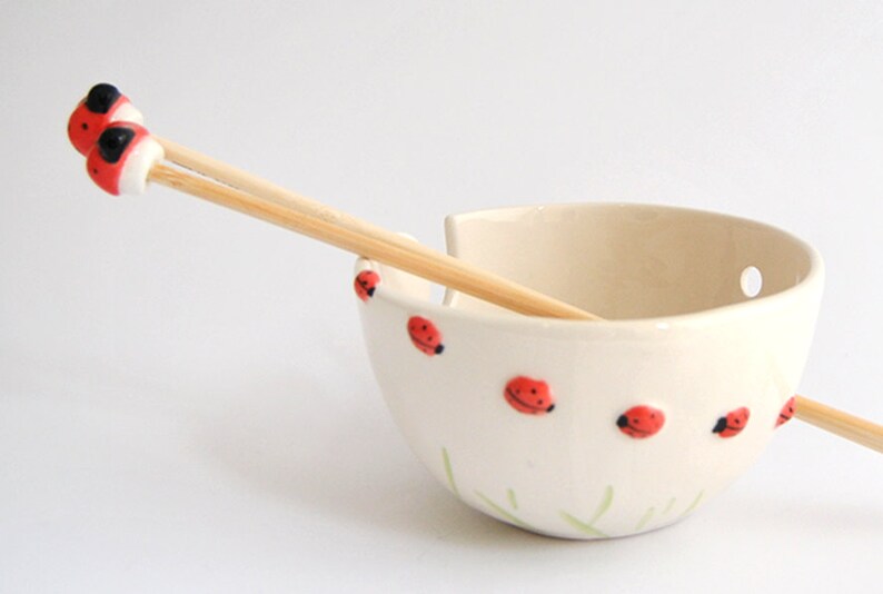 Ladybug Ceramic Yarn Bowl, With 3D Red Ladybugs and Green Grass ...