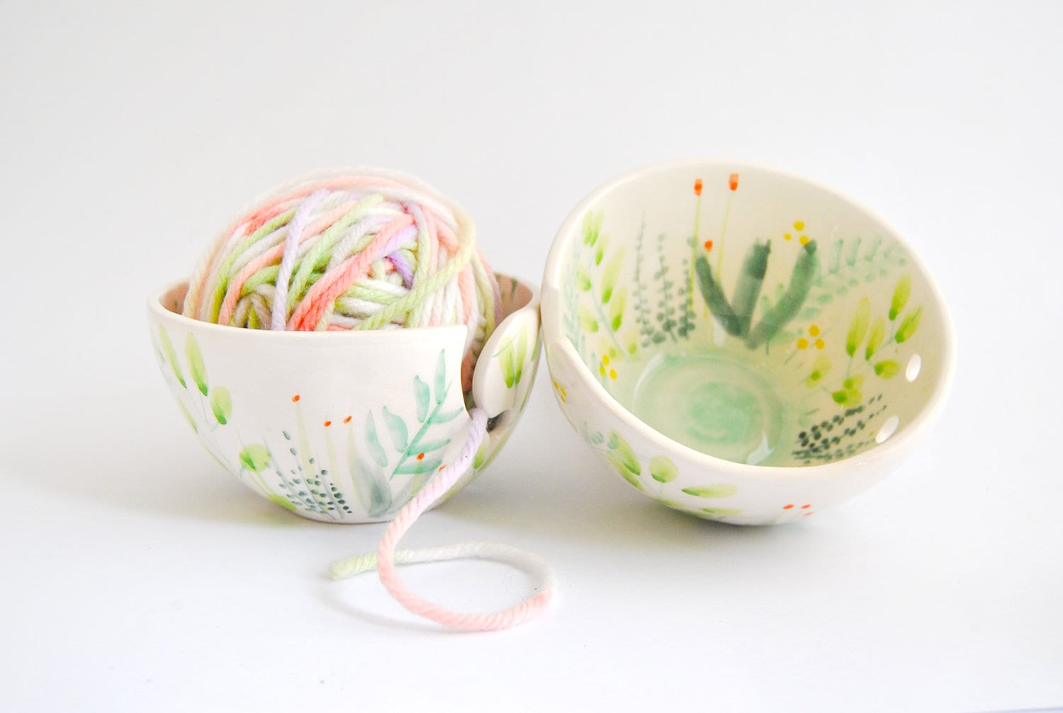 Ceramic Yarn Bowl or Knitting Bowl With Flowers and Plants Decoration ...