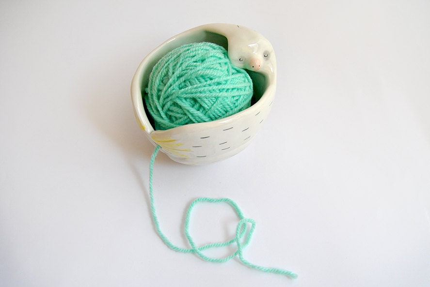 White Ceramic Baby Sloth Yarn Bowl, Knitting Bowl, Wool Bowl. Decorated ...