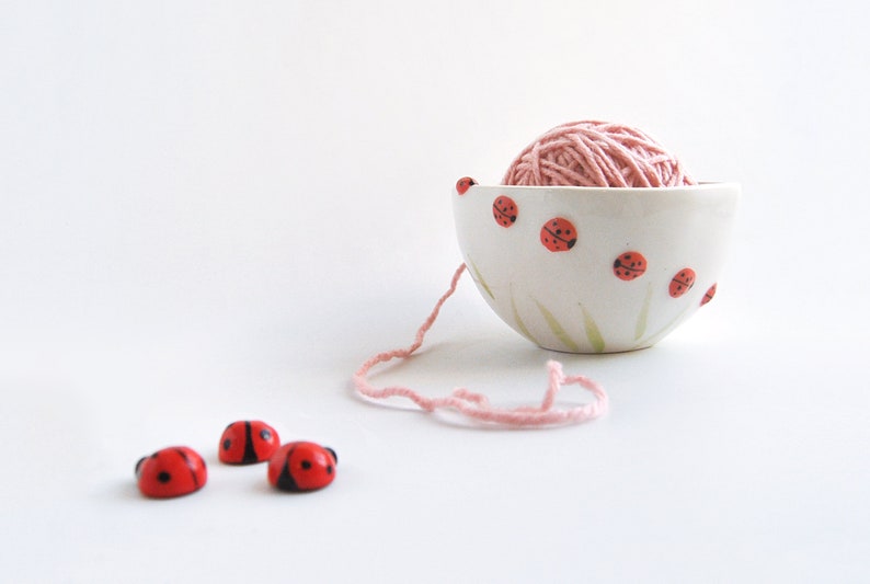 Ladybug Ceramic Yarn Bowl, With 3D Red Ladybugs and Green Grass ...