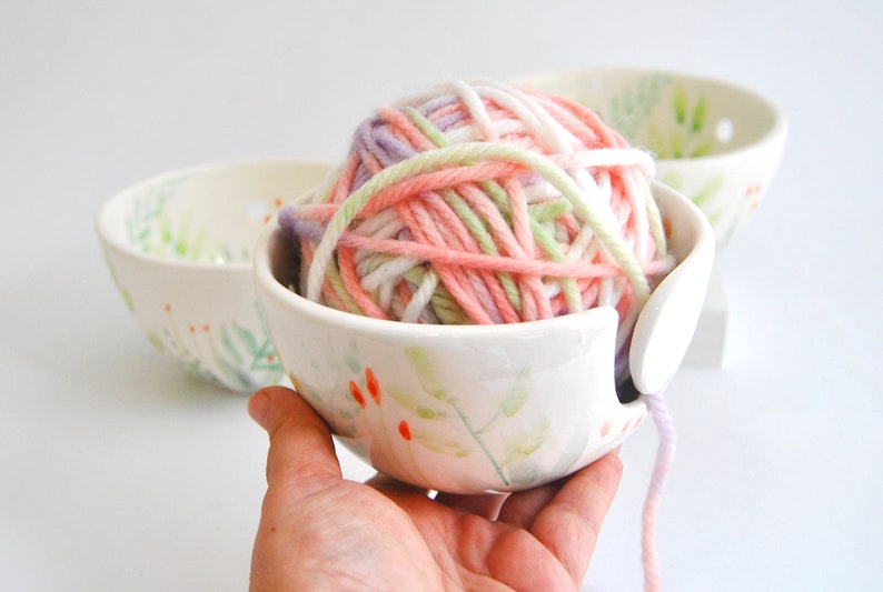 Ceramic Yarn Bowl or Knitting Bowl With Flowers and Plants Decoration ...