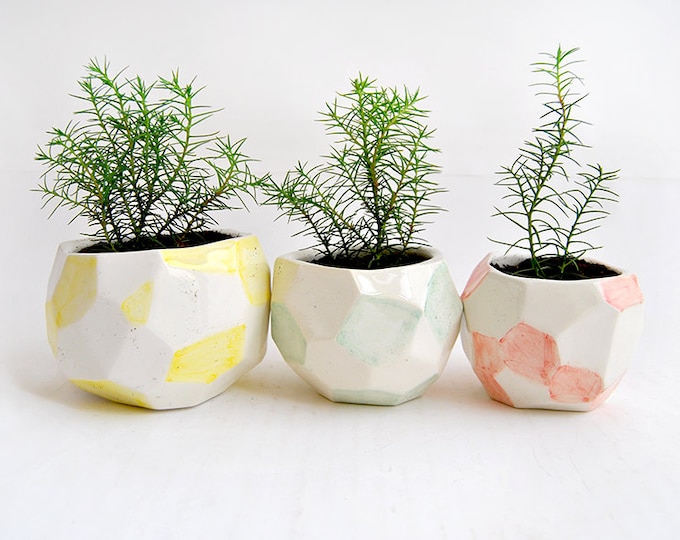 Three Faceted Ceramic Planters Decorated in Green Red and Yellow ...