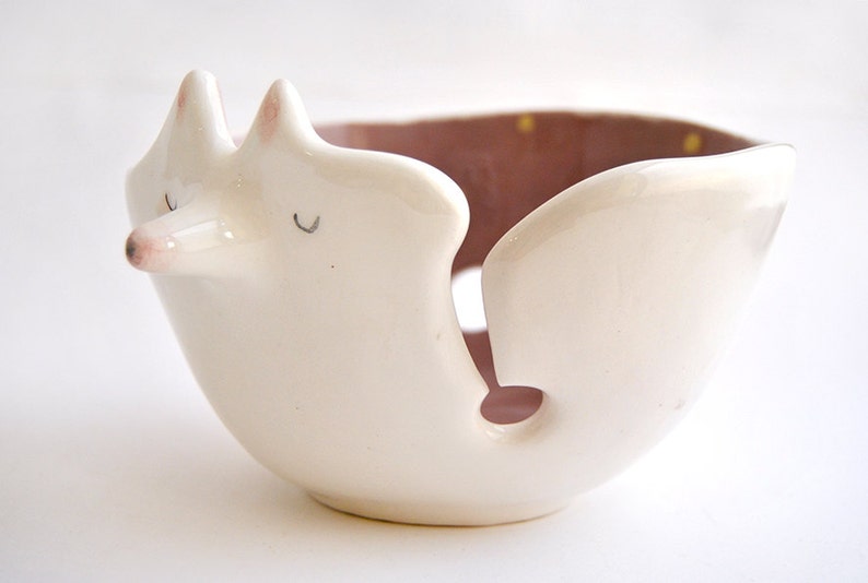 Ceramic Fox Yarn Bowl Decorated in Violet With Yellow Polka Dots. Ready ...
