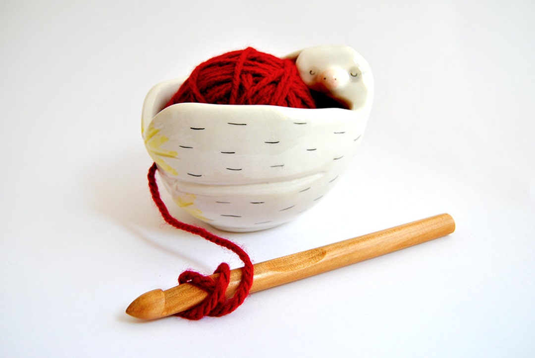 White Ceramic Baby Sloth Yarn Bowl, Knitting Bowl, Wool Bowl. Decorated ...