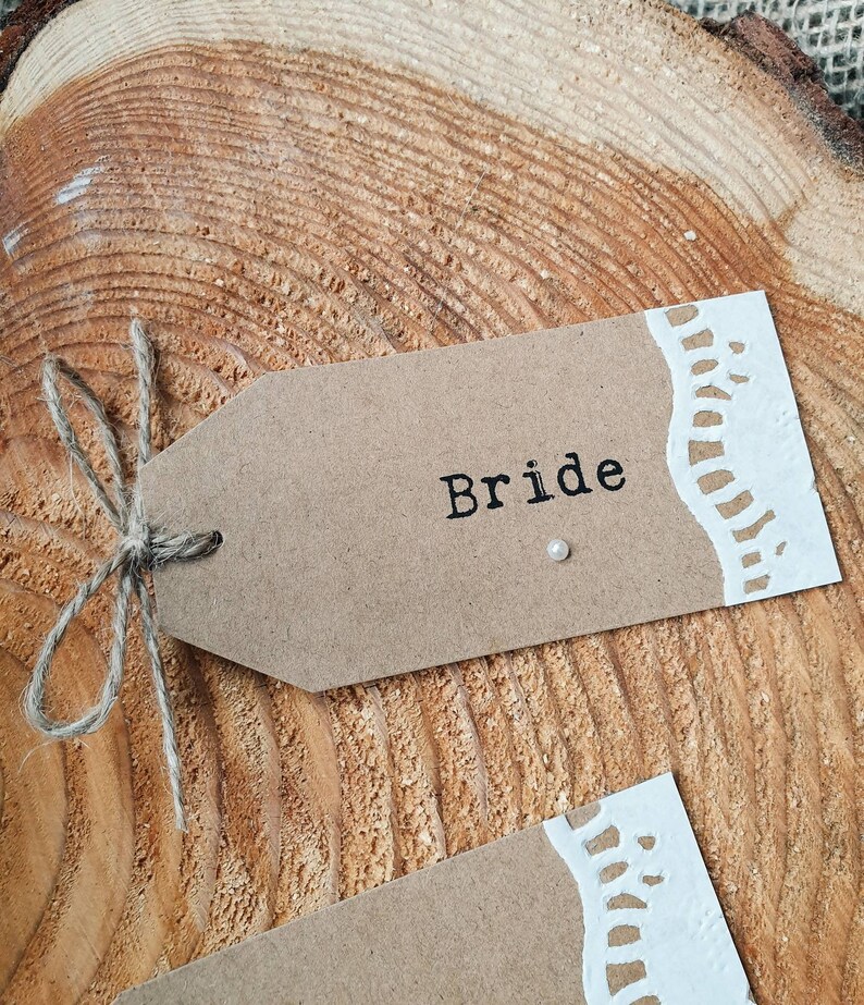 Rustic Doily Detailed Wedding Place Card Tag With Twine Bow, Pearl ...