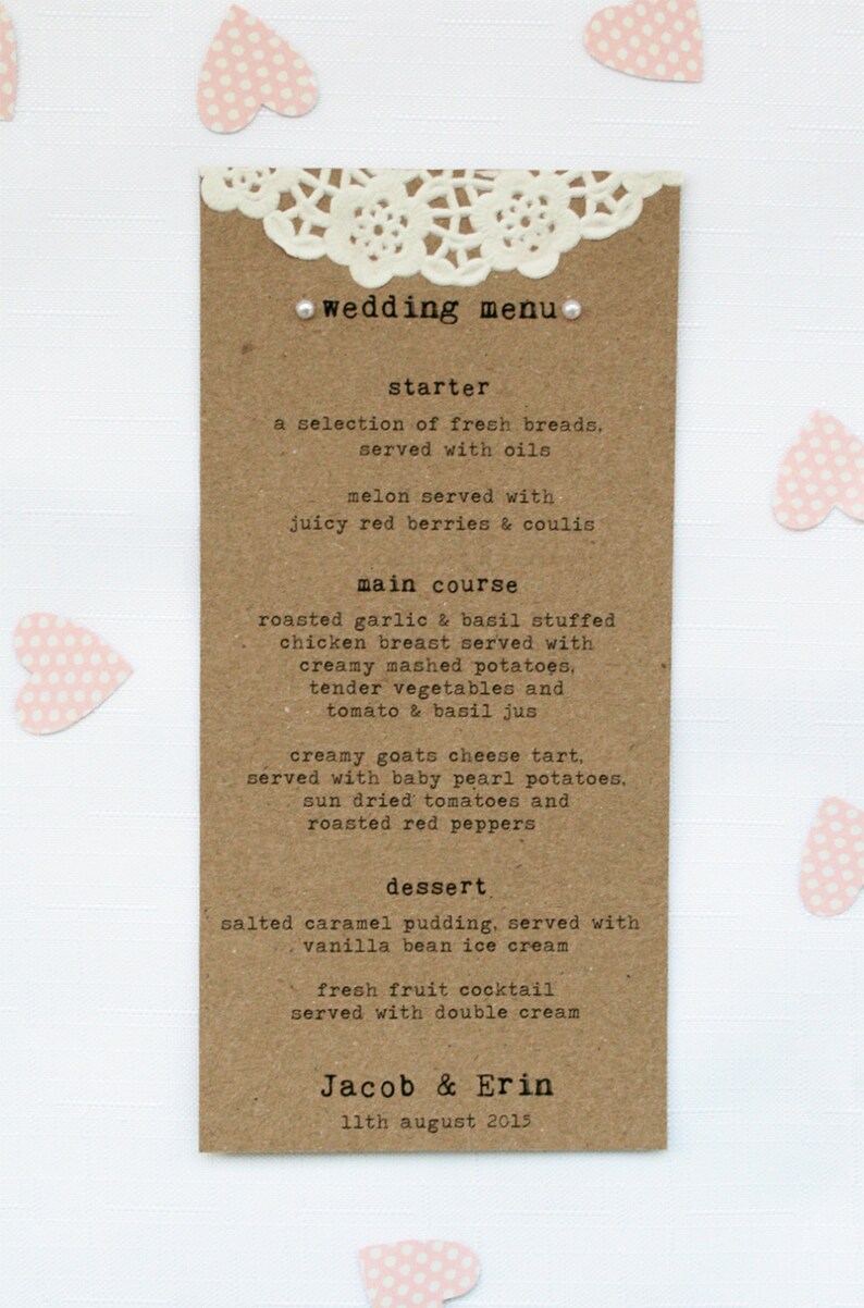 Rustic Doily and Pearl Wedding Menu Recycled Kraft Finished - Etsy Canada