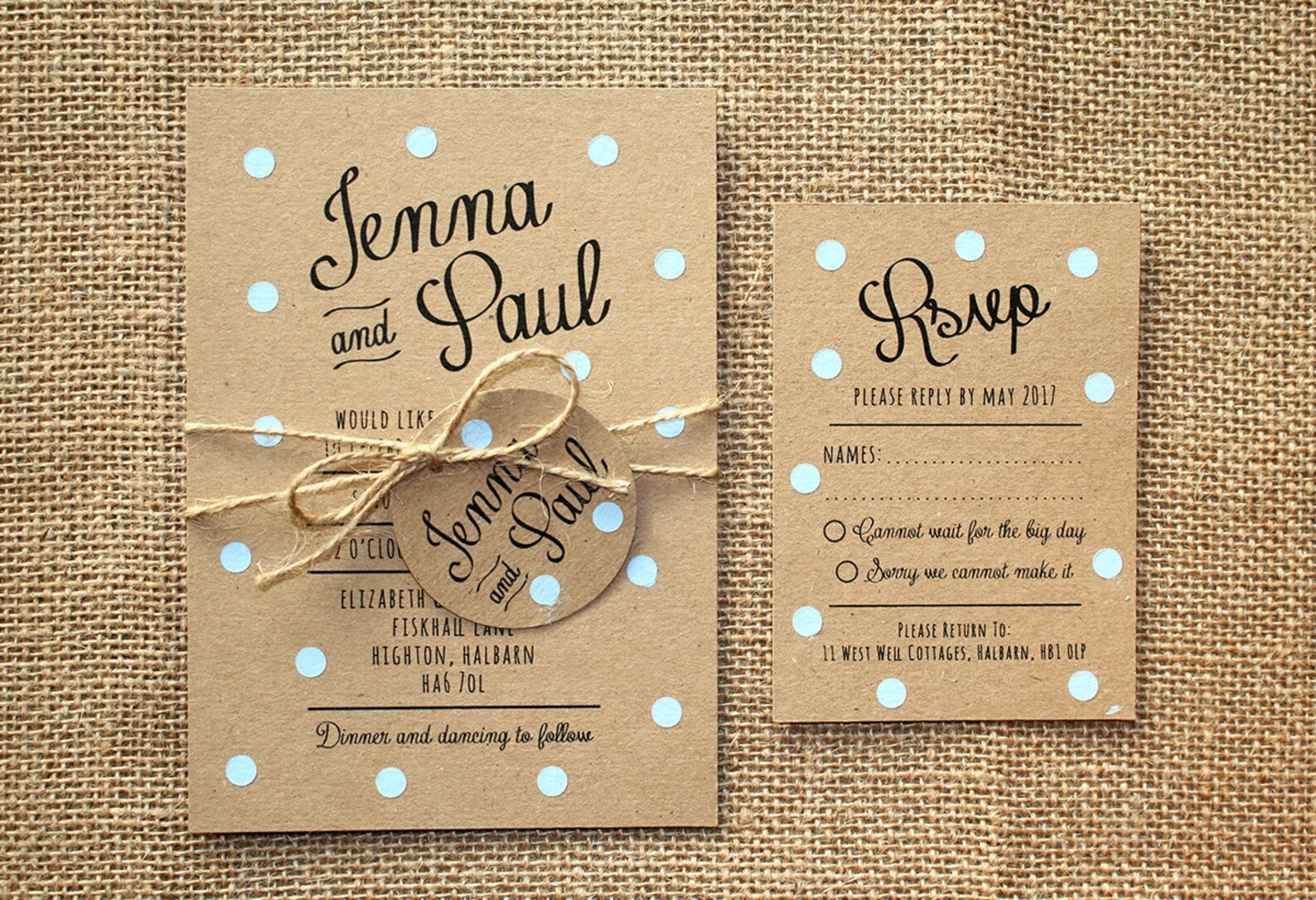Pastel Blue Polka Dot Wedding Invite Set Rustic Kraft - Etsy