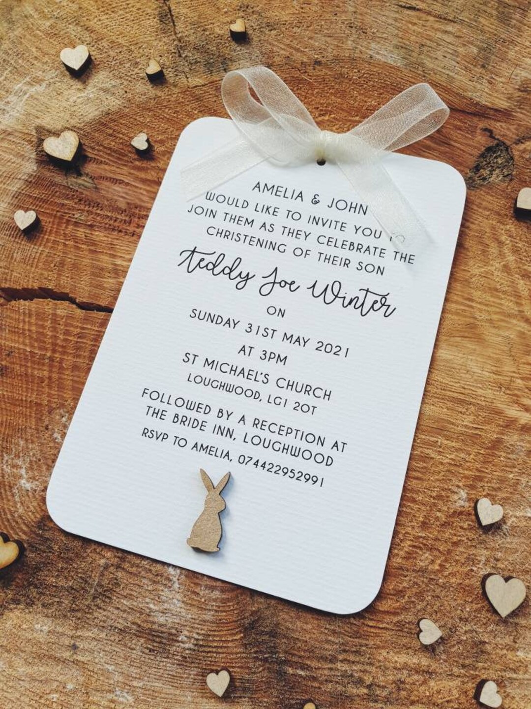 Natural Christening Invitation - Wooden Bunny Rabbit, Ribbon, Baptism ...