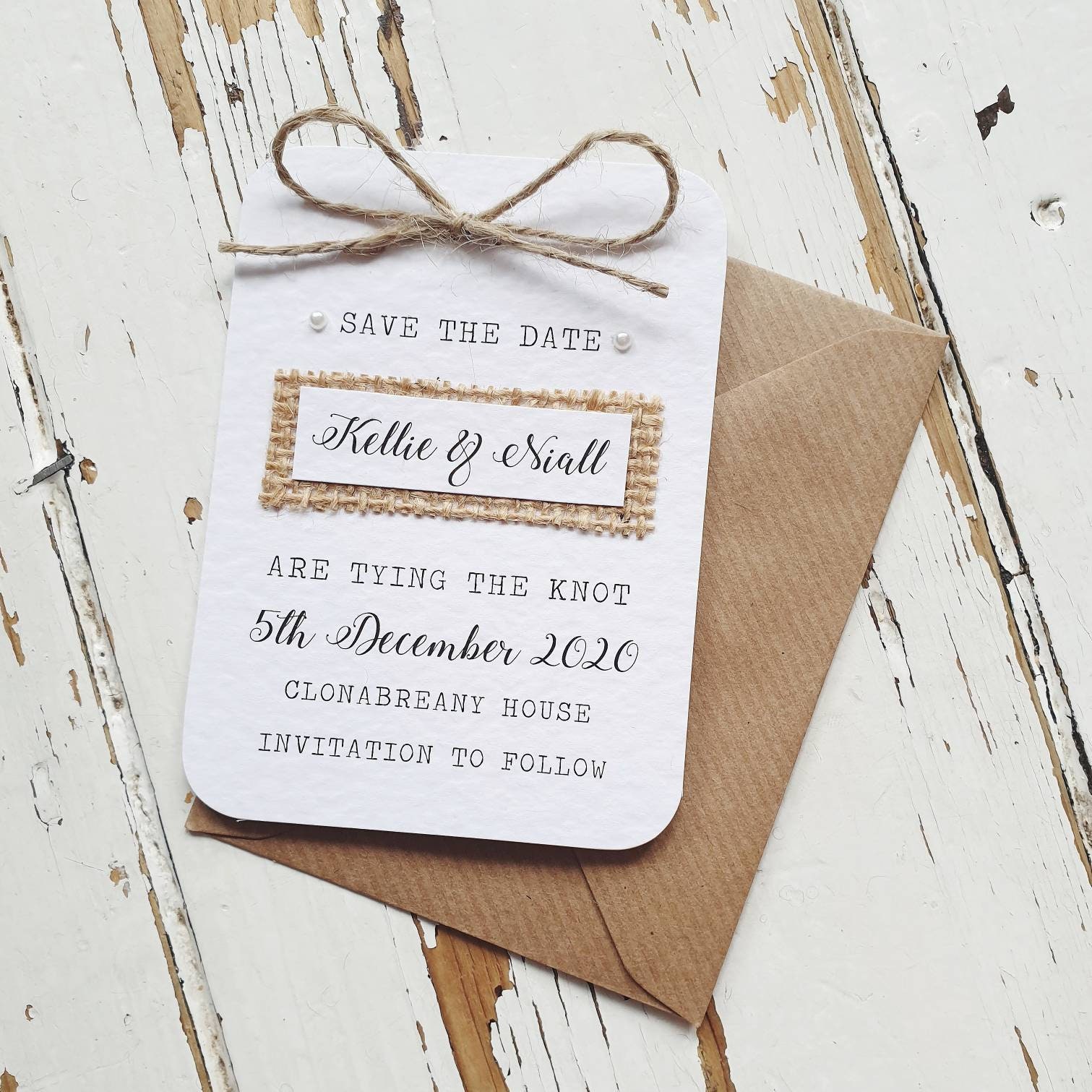 Rustic, Burlap, Hessian and Twine Bow Save the Date Card - Barn Wedding ...