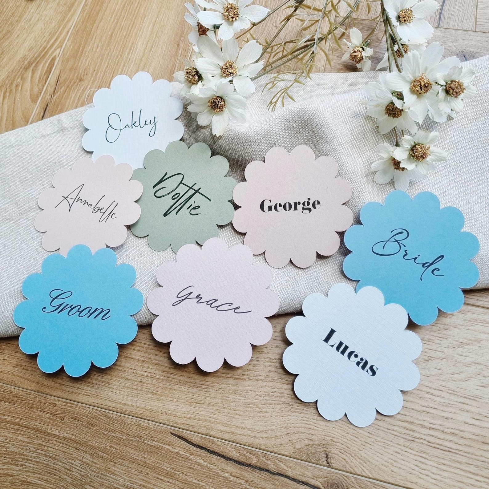 Minimal, Pastel, Neutral, Flower Shaped Place Cards, Place Settings ...