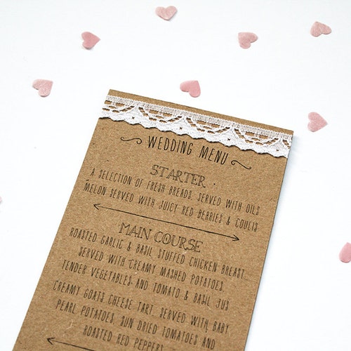 Rustic Kraft Lace and Pearl Wedding Menu Recycled Kraft - Etsy