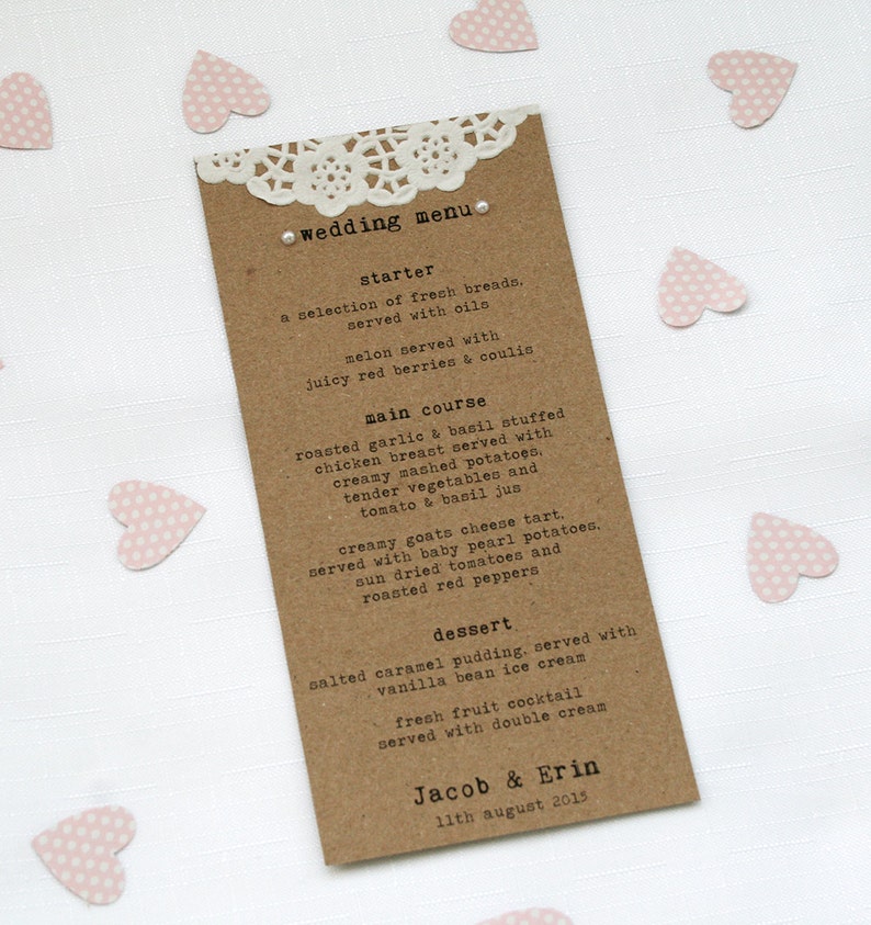Rustic Doily and Pearl Wedding Menu Recycled Kraft Finished - Etsy Canada