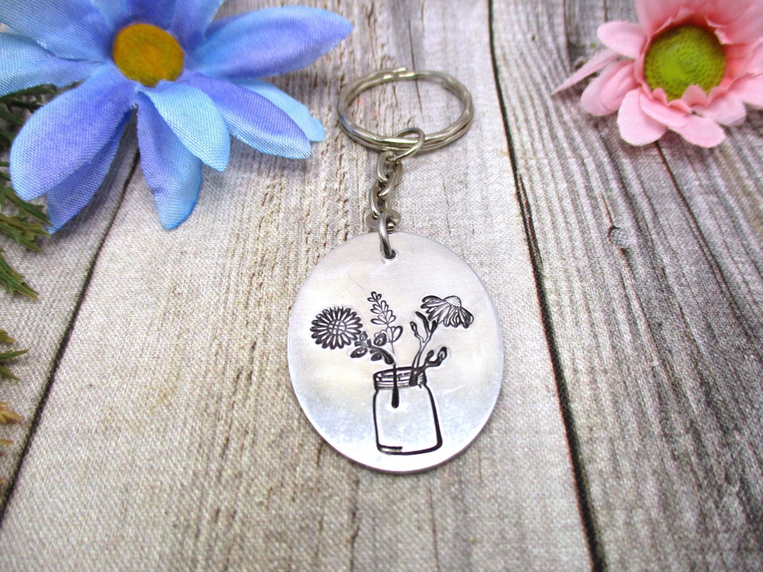 Flowers in Mason Jar Keychain Hand Stamped Keychain Gifts for Her/ Him ...
