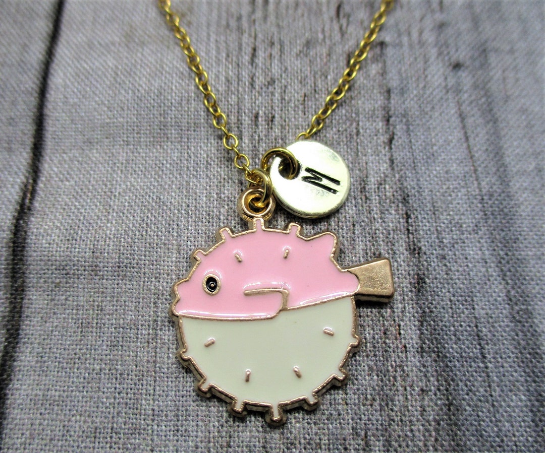 Gold Puffer Fish Necklace Personalized Letter Initial Pink Puffer Fish ...