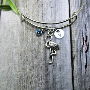 Flamingo Bracelet W/ Birthstone Bird Lovers Initial Bangle Bracelet ...