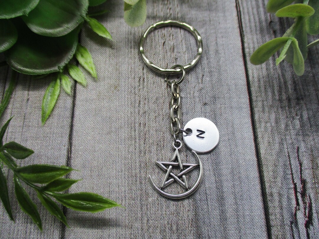 Pentacle Keychain Personalized Handstamped Witch Keychain Moon and Star ...
