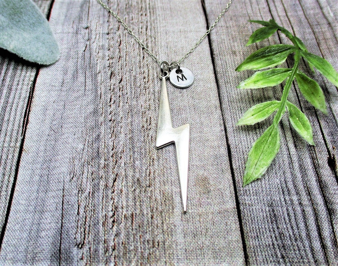 Large Lightning Necklace Personalized Gifts Hand Stamped Letter Initial ...