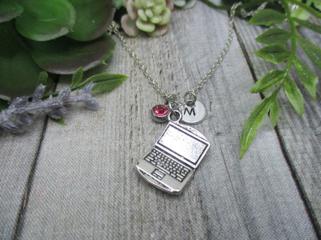 Laptop Necklace Laptop Jewelry W/ Birthstone Initial Necklace Birthday ...