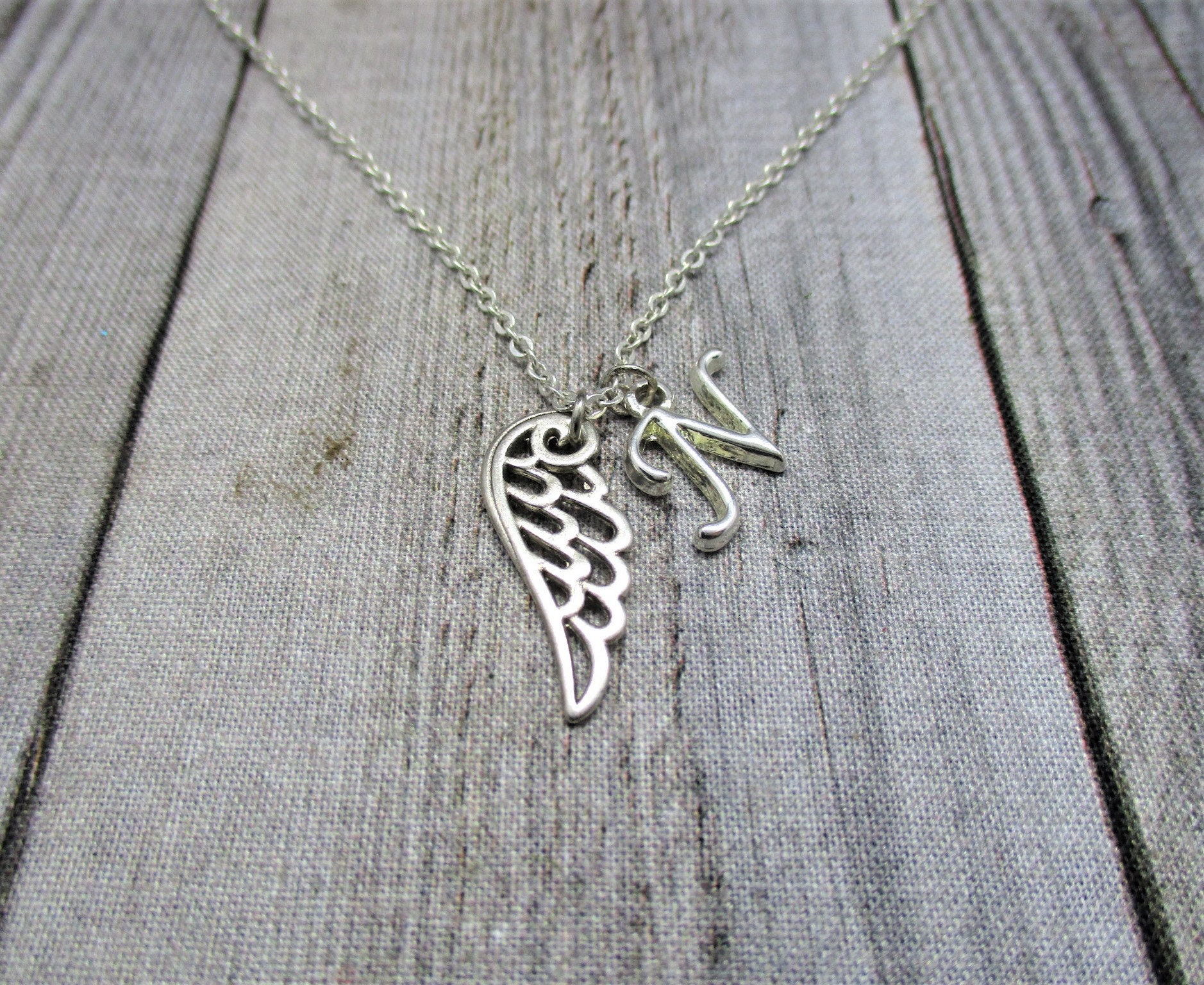 Silver Angel Wing Necklace Personalized Letter Necklace Angel | Etsy