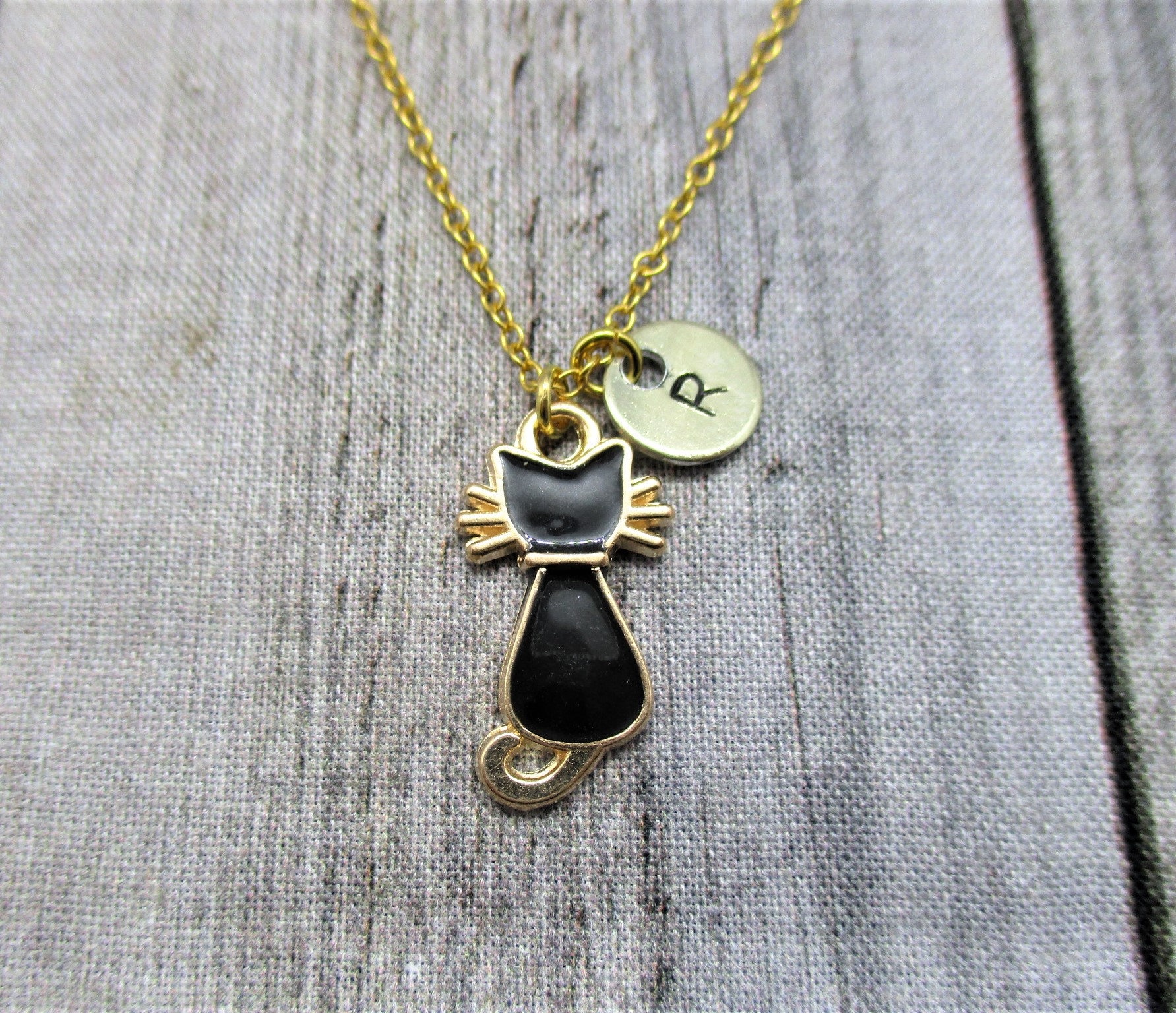 Gold Cat Necklace Customized Hand Stamped Letter Initial Cat | Etsy
