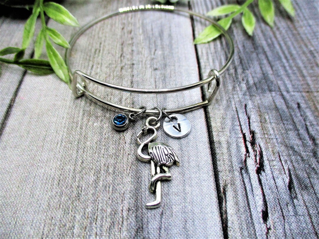 Flamingo Bracelet W/ Birthstone Bird Lovers Initial Bangle Bracelet ...
