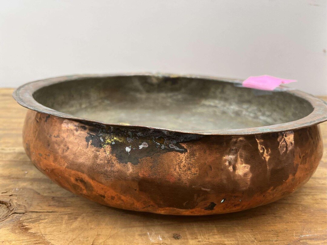 Vintage Hammered Copper Planter Bowl Primitive Rustic Patina Round ...