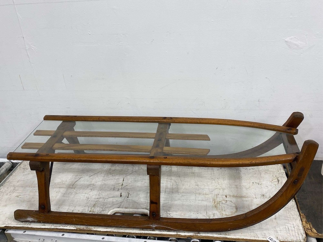 Antique Sled Coffee Low Table Rustic Solid Wood Iron Trim Glass Top ...