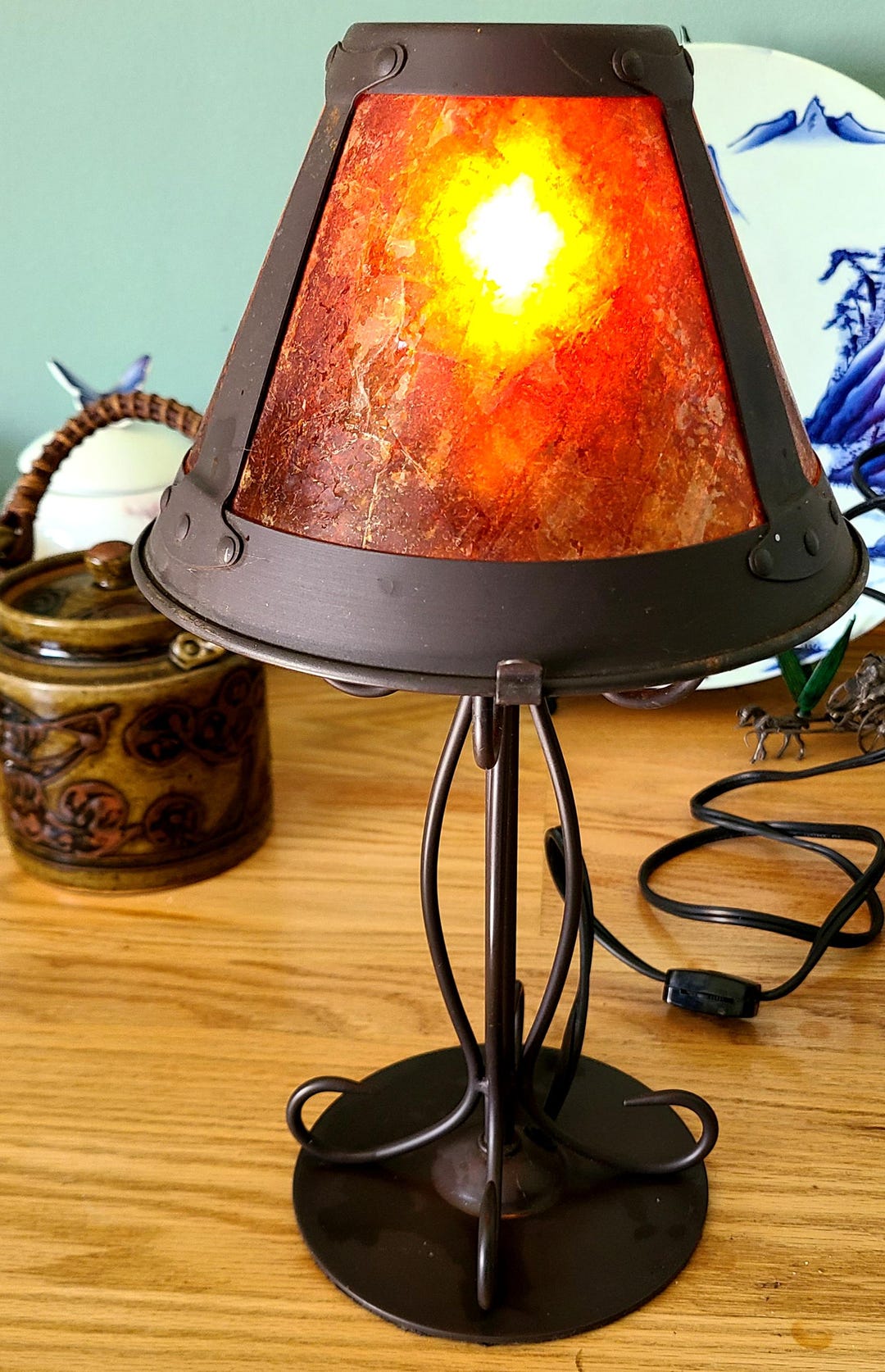 Bronze Metal Table Lamp With Mica Amber Shade - Great Night Light - Etsy