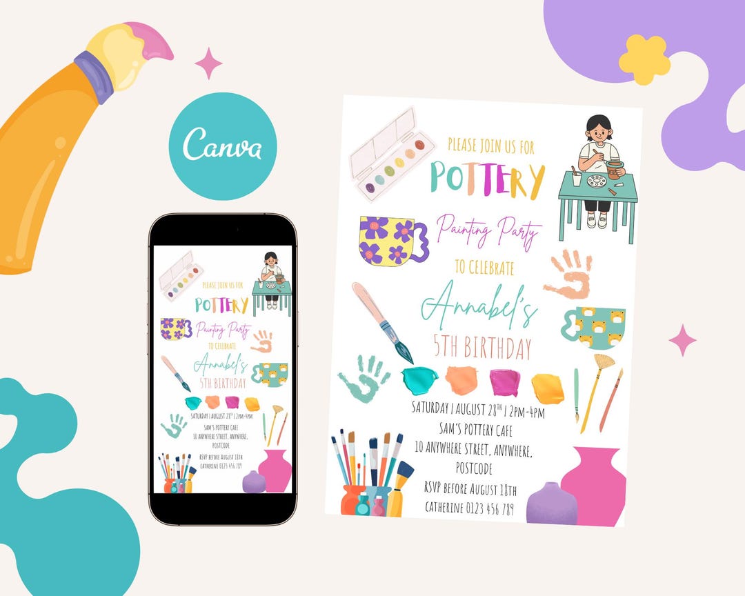 Pottery Party Invitation: Editable Kids Birthday, Clay Art Theme ...