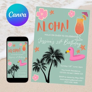 Aloha Birthday Invitation | Editable Canva Template | Hula on Over ...
