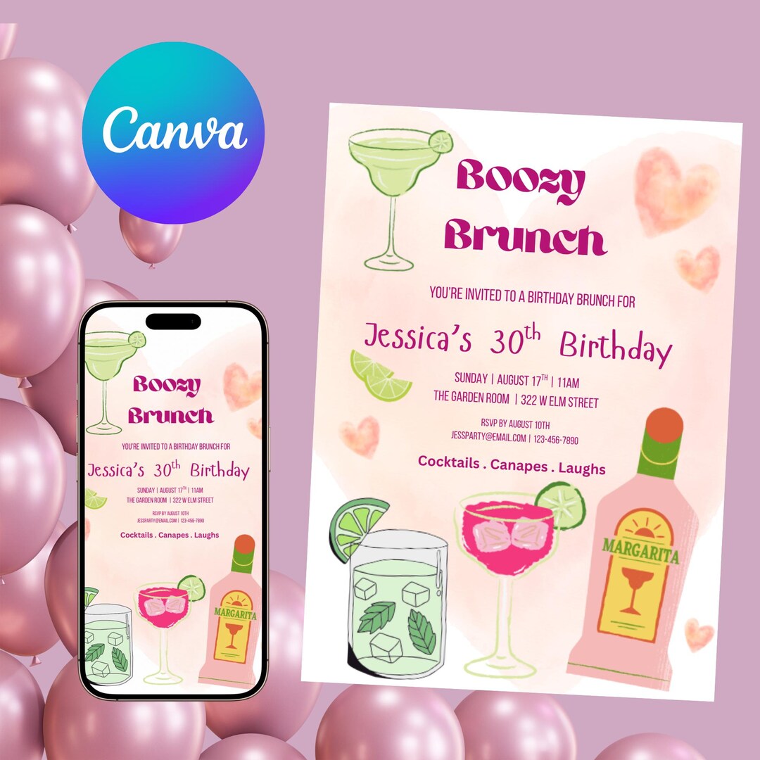 Boozy Brunch 30th Birthday Invitation: Pink Canva Template (digital ...